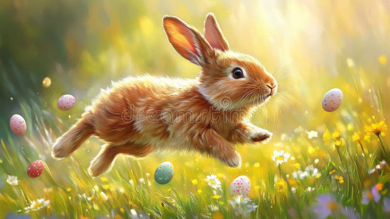 An Easter Bunny Hopping through Spring Flowers Stock Illustration ...