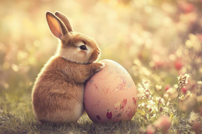 Easter Bunny Hugging a Large Easter Egg Stock Photo - Image of grass ...