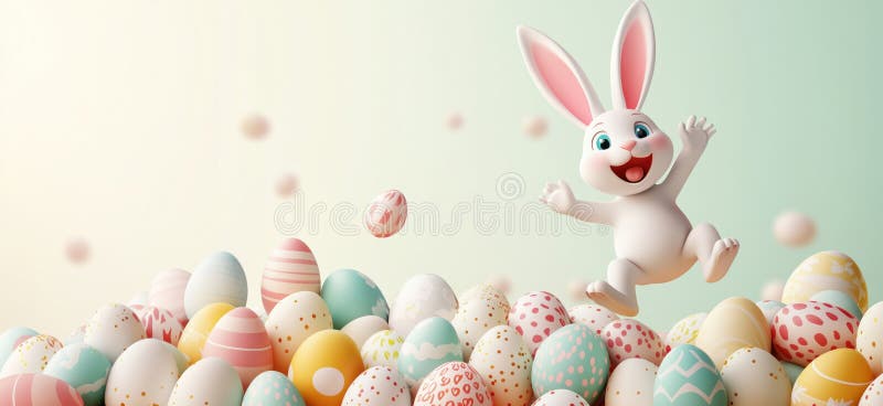 Easter Bunny Joyfully Playing among Colorful Easter Eggs in a Festive ...