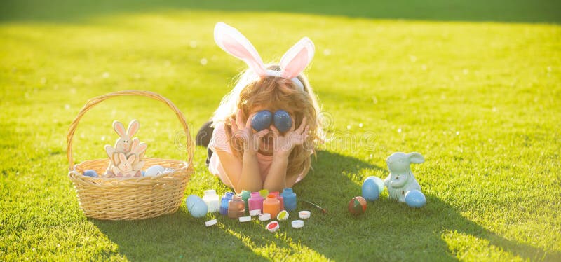 Easter Bunny Kids. Child Boy in Bunny Easter Cover Eyes with Eggs ...