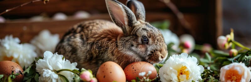 Easter Bunny Laying on Egg and Spring Blossoms with White Peony Stock ...