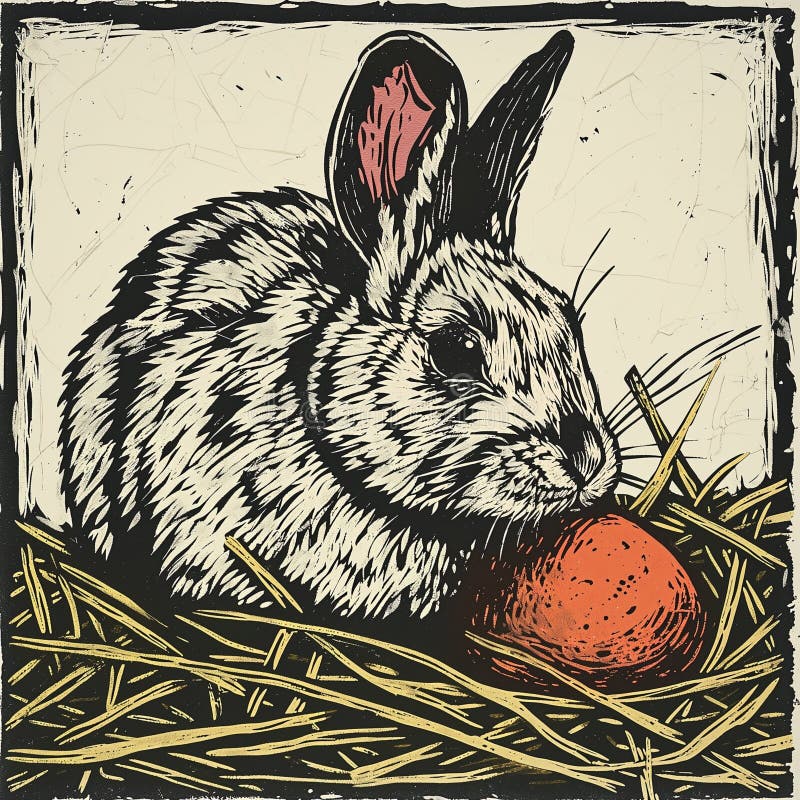Easter Bunny in Linocut Style. Engraved Easter Greeting Design Stock ...