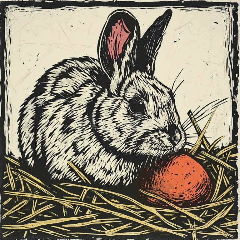 Easter Bunny in Linocut Style. Engraved Easter Greeting Design Stock ...