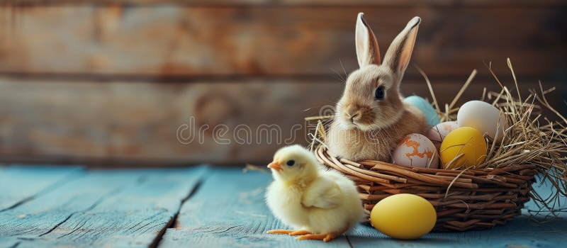 Easter Bunny and Little Chickens in the Basket with Colorful Eggs ...