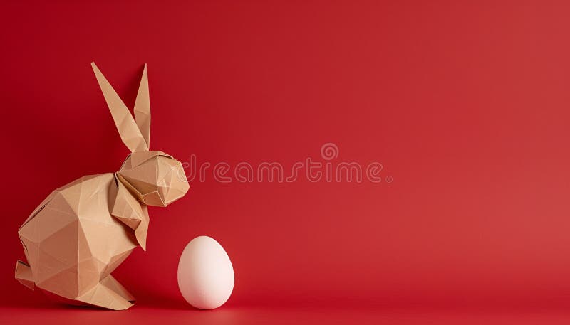 Easter Bunny Made of Kraft Paper and Egg on Red Background. Space for ...