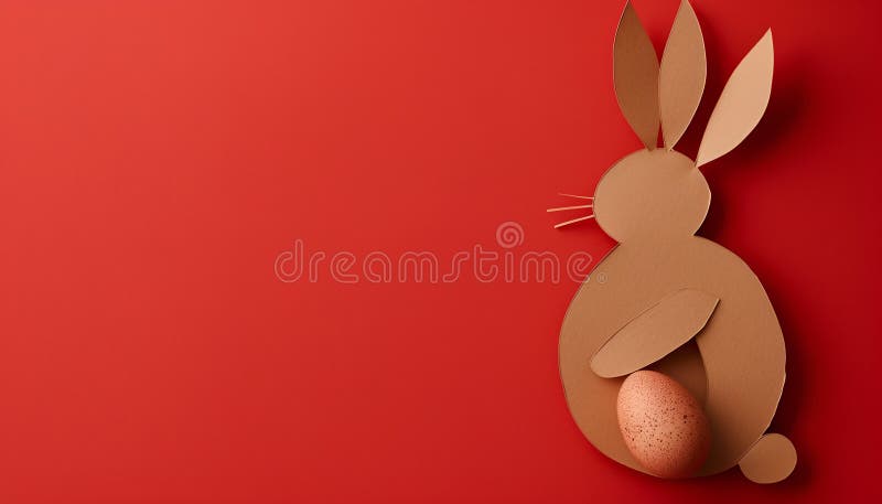 Easter Bunny Made of Kraft Paper and Egg on Red Background. Space for ...