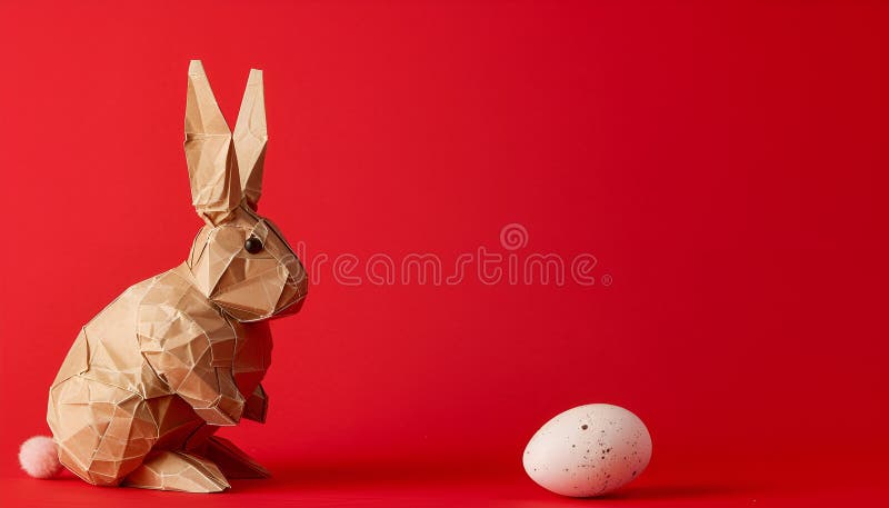 Easter Bunny Made of Kraft Paper and Egg on Red Background. Space for ...