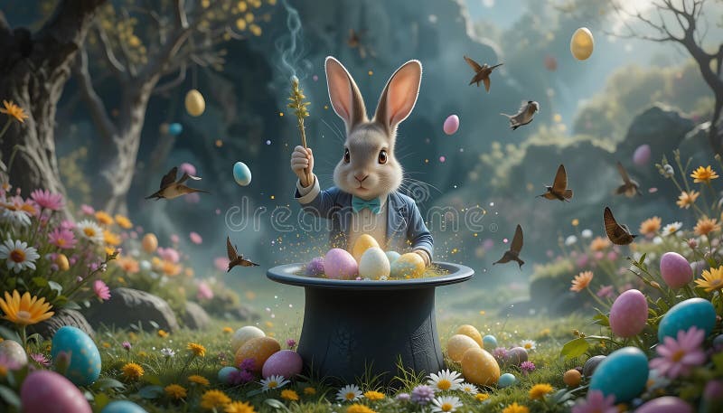 Easter Bunny Magician with Magic Hat and Eggs in Spring Meadow Stock ...