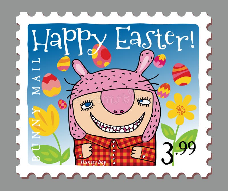 Easter Bunny Mail Post Stamp with Smiling Bunny Man Stock Vector ...