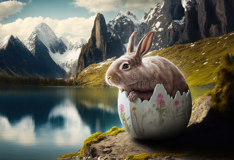Easter Bunny with Meadow and Mountains. Generative a Stock Illustration ...