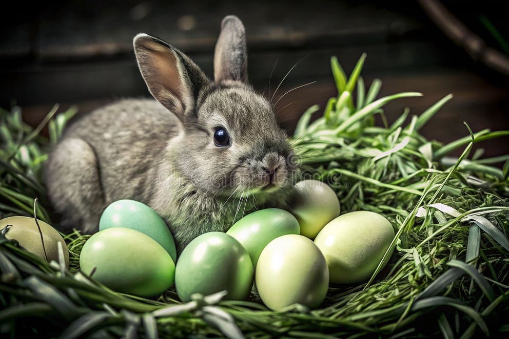 Easter Bunny in Nest with Colored Eggs Stock Illustration - Illustration of adorable, springtime ...