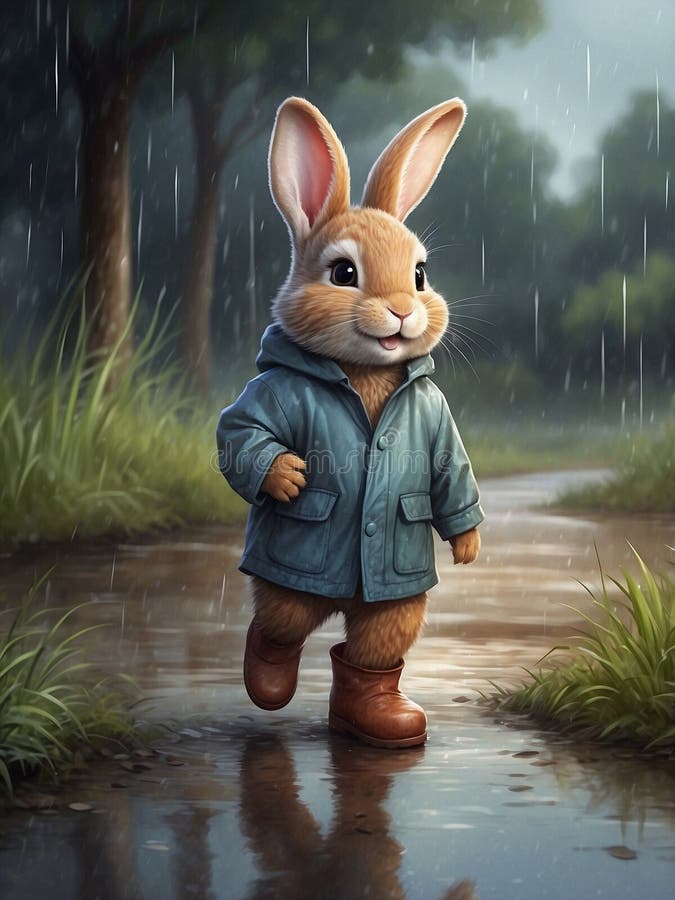 Easter Bunny Outdoor Under Rain in Coat and Boots Stock Illustration ...
