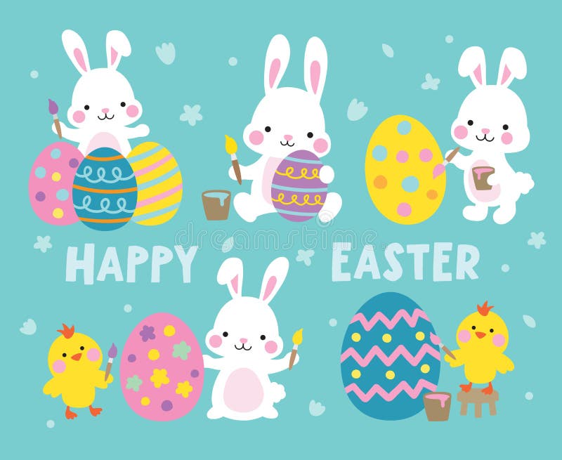 White Easter Bunny Rabbit and Chicken Painting Easter Eggs Vector ...