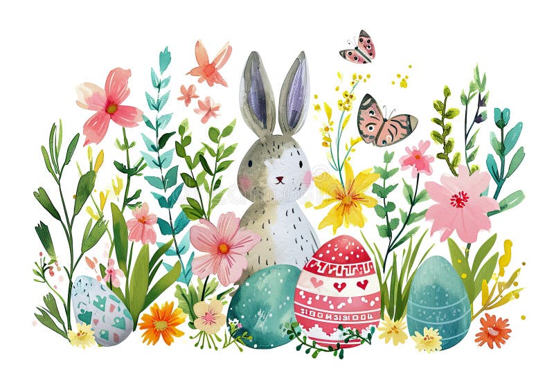Easter Bunny with Painted Eggs and Spring Flowers Watercolor ...