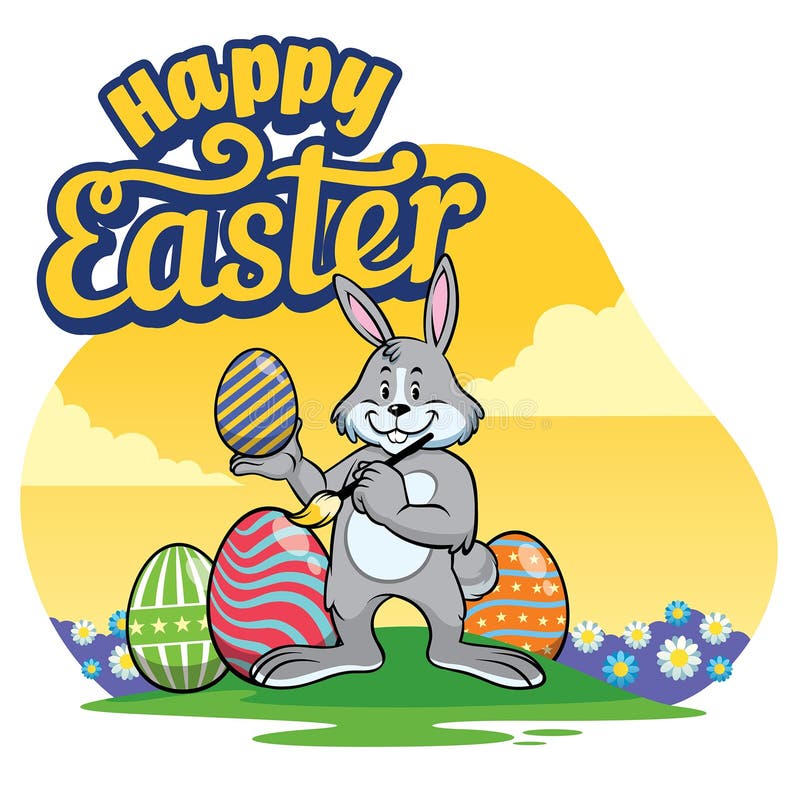 Easter Bunny Painting Egg with Cartoon Style Stock Vector ...