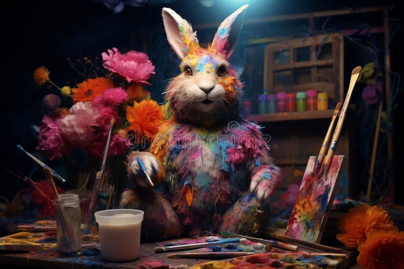 Easter Bunny with a Palette of Colorful Paints Stock Illustration ...