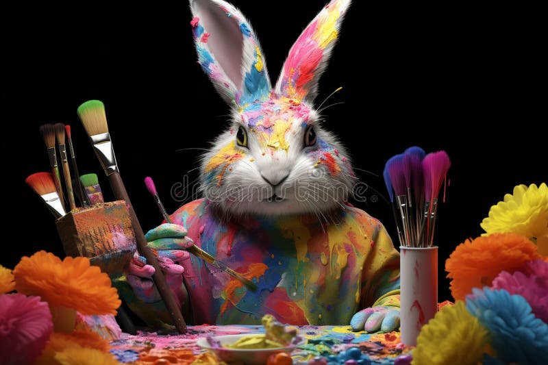 Easter Bunny with a Palette of Colorful Paints Stock Illustration ...