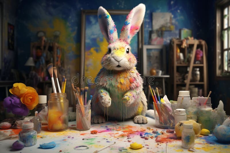 Easter Bunny with a Palette of Colorful Paints Stock Illustration ...