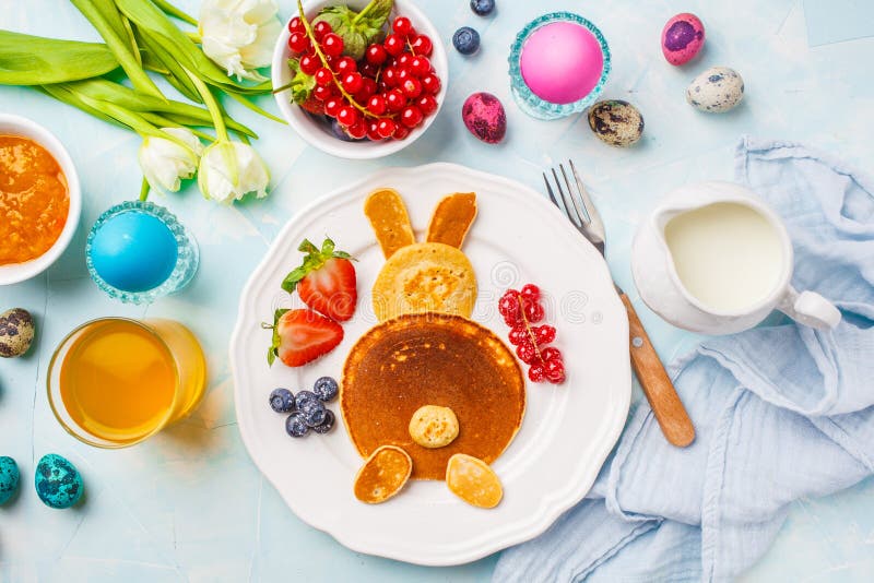 Easter Bunny of Pancakes with Berries. Easter Breakfast Table. Blue ...