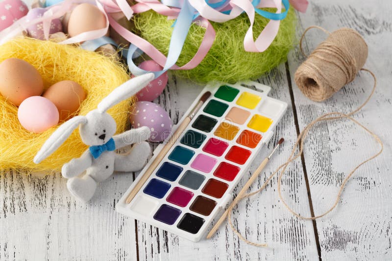 Easter Bunny and Pastel Color Egg. Kid Creative Workplace Stock Photo ...