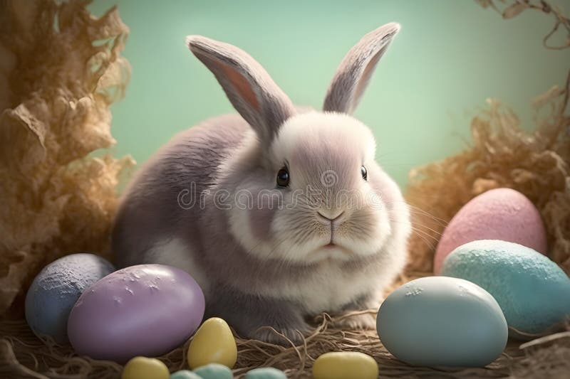 The Easter Bunny in Pastel Colors Sits with Eggs Stock Illustration ...
