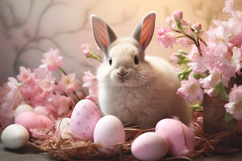 Easter Bunny with Pastel Eggs and Spring Flowers. Easter Greeting Card ...