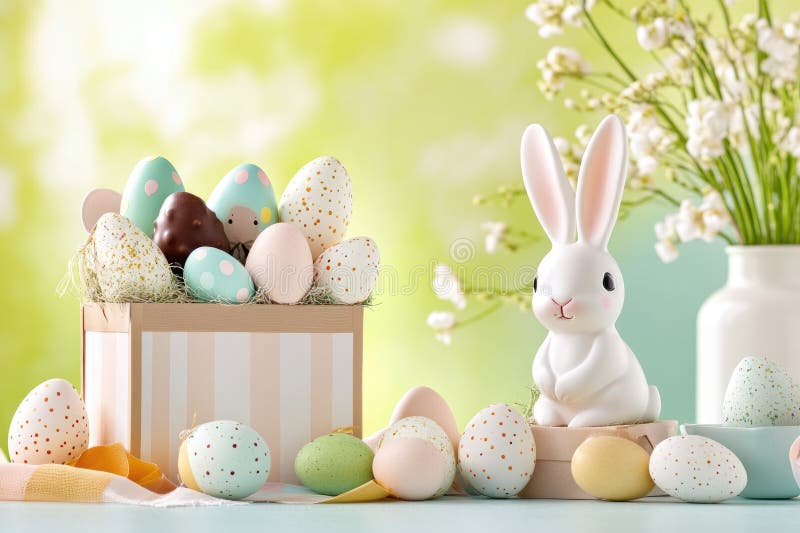 Easter Bunny with Pastel Eggs in Wicker Basket on Spring Background ...