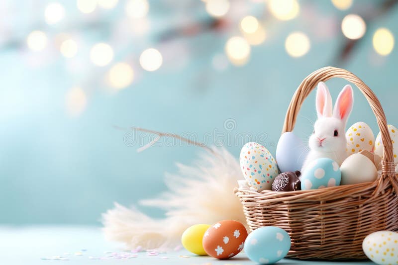 Easter Bunny with Pastel Eggs in Wicker Basket on Spring Background ...