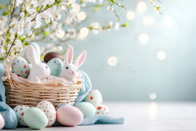 Easter Bunny with Pastel Eggs in Wicker Basket on Spring Background ...