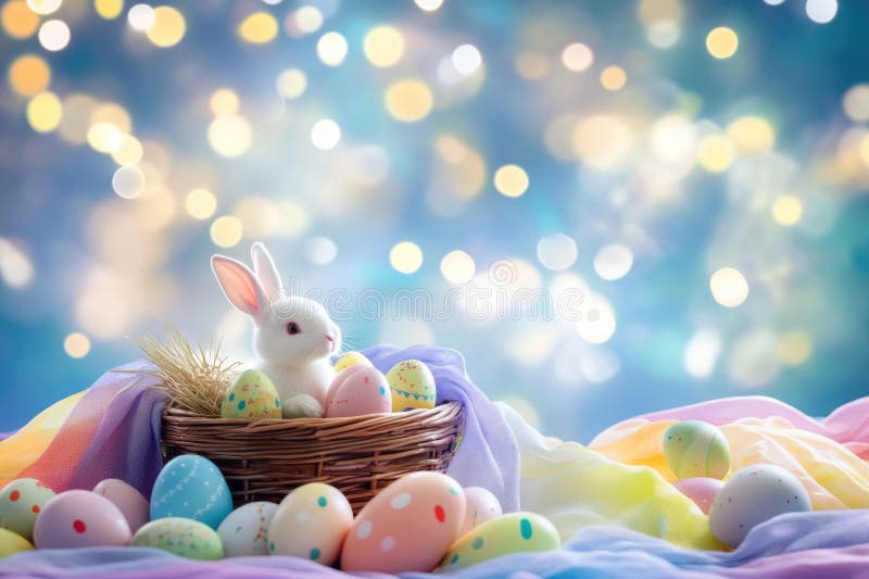 Easter Bunny with Pastel Eggs in Wicker Basket on Spring Background ...