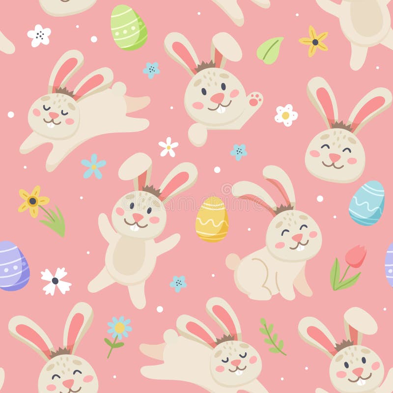Easter Bunny Pattern with Cute Flowers and Eggs. Hand Drawn Flat ...