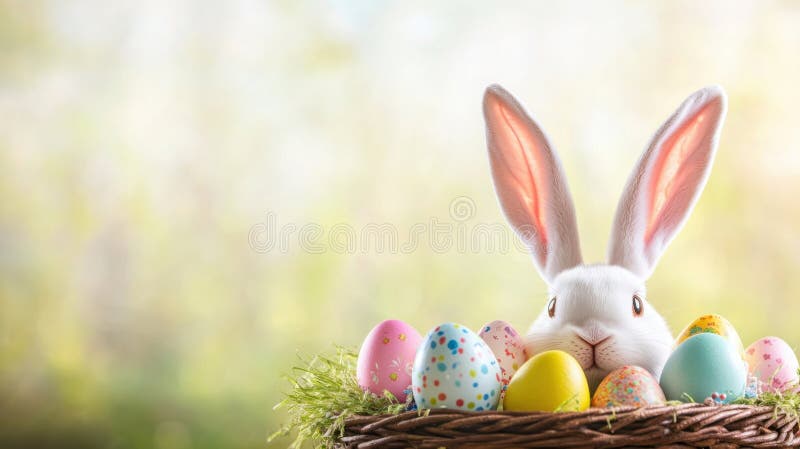 Easter Bunny Peeking from Basket of Colorful Eggs in Pastel Scenery ...