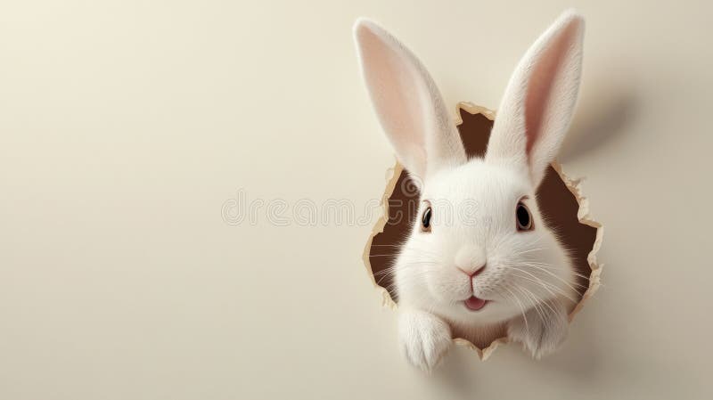 Easter Bunny Peeking Out of a Hole on a Cream-colored Background Stock ...