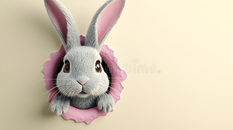 Easter Bunny Peeking from a Pastel Pink Hole on a Cream Background ...
