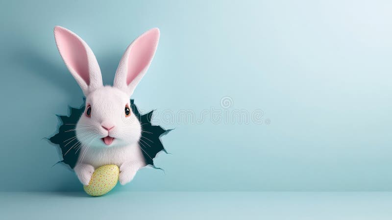 Easter Bunny Peeking, White Rabbit with Egg, Spring Celebration, Pastel ...