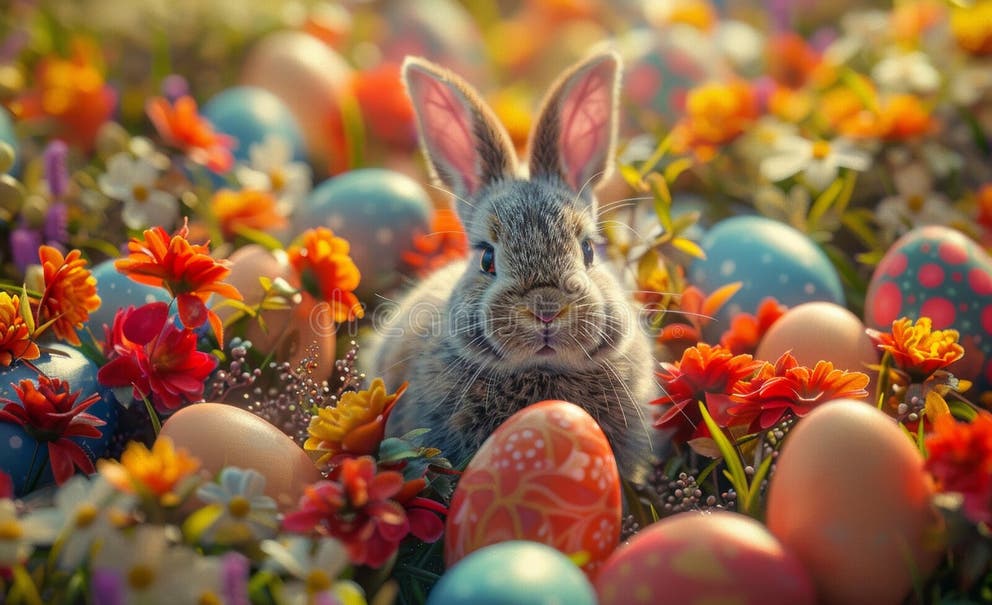 Easter Bunny Peeks through a Vibrant Array of Painted Eggs and Blossoms Stock Illustration ...