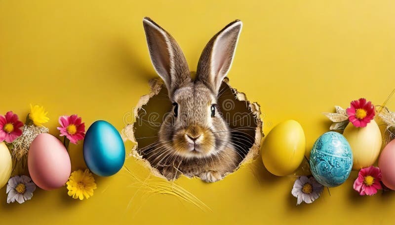 Easter Bunny is Peering Out of a Hole Surrounded a Pastel-colored ...