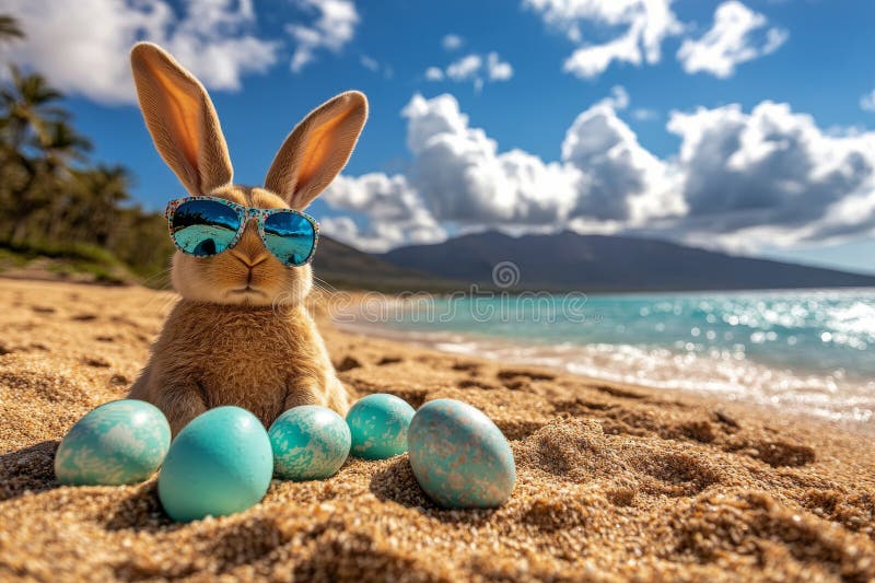 Easter Bunny Placing Easter Eggs on the Beach Stock Photo - Image of ...