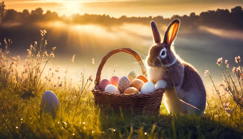 Easter Bunny Placing Eggs in a Misty Meadow at Dawn. Stock Image ...