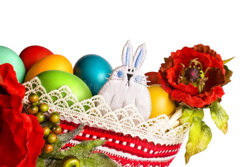 Easter Bunny with Poppies and Colourful Eggs Isolated on White Stock ...