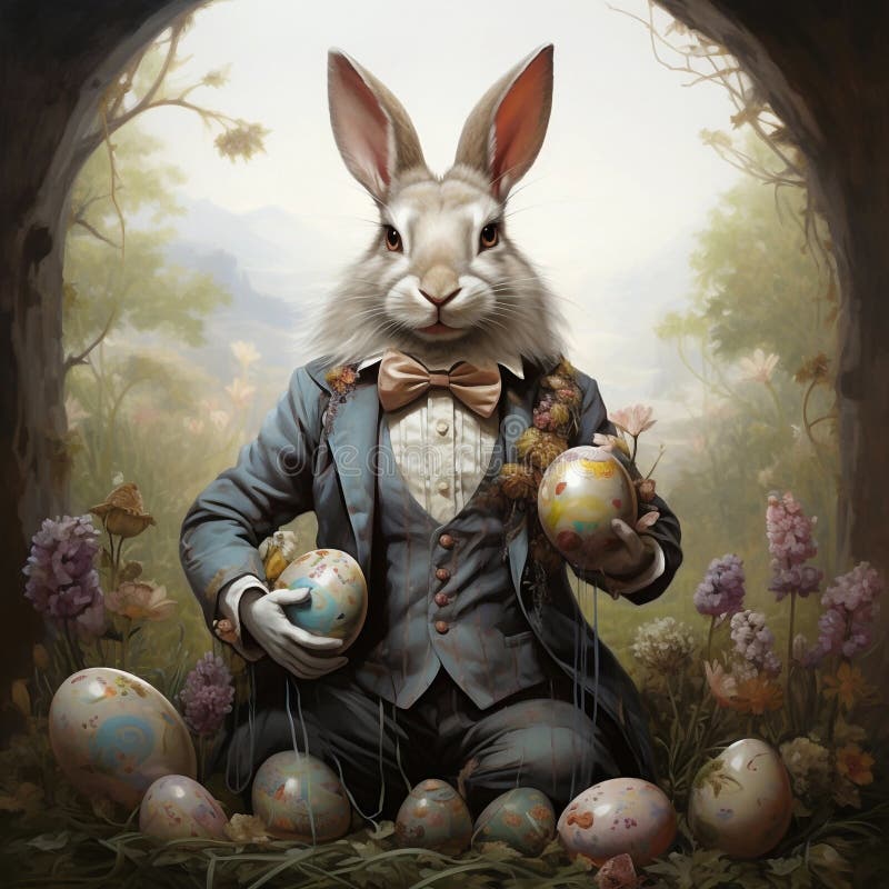 Easter Bunny Portrait Wearing Suit with Easter Eggs. Stock Illustration ...