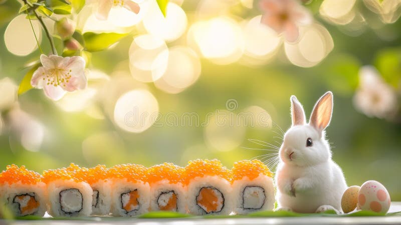 The Easter Bunny Poses with Sushi in Front of a Verdant Natural Scene ...
