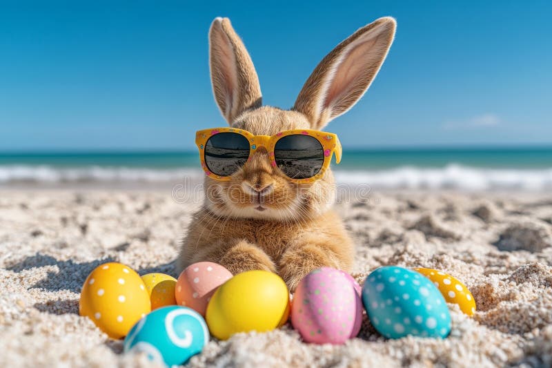 Easter Bunny Posing with Easter Eggs at the Beach Stock Photo - Image ...
