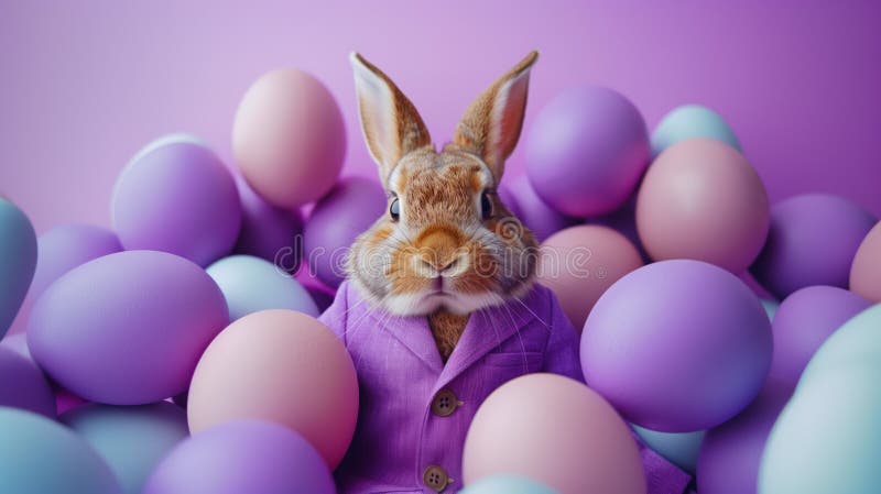 Easter Bunny in Purple Surrounded by Pastel Eggs. Stock Image - Image ...