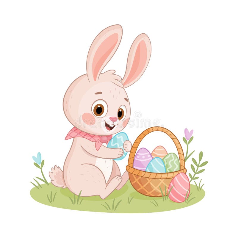 Easter Bunny Puts Eggs in a Basket Flat Style Isolated Icon. Rabbit or ...