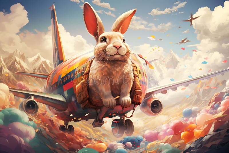 Easter Bunny or Rabbit with Airplane and Colorful Easter Eggs Flying To ...