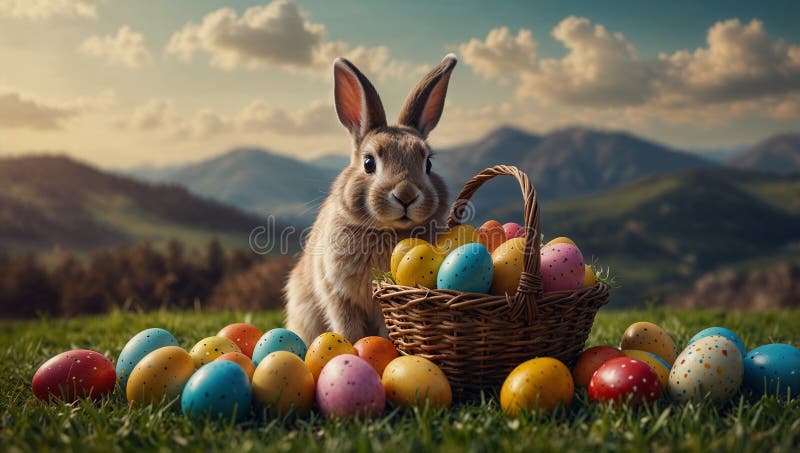 Easter Bunny Rabbit and Basket with Eggs. Minimal Abstract Holidays ...