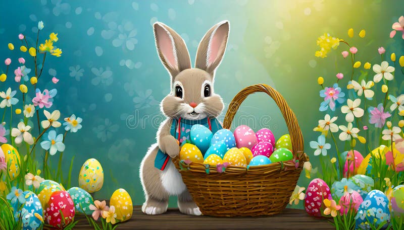 Easter Bunny Rabbit with Easter Basket Full of Decorated Easter Eggs ...