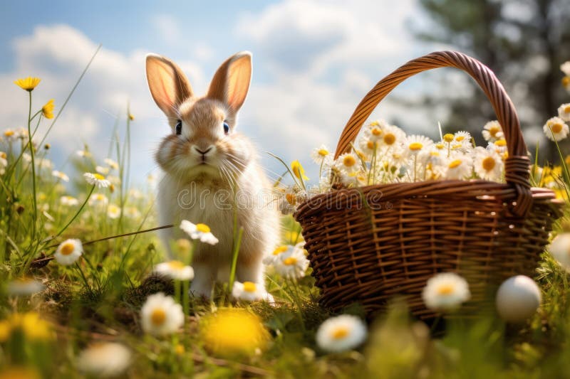 Easter Bunny Rabbit and Basket Full of Easter Eggs on Chamomile Field ...
