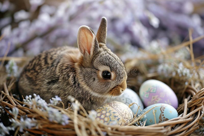 Easter Bunny Rabbit in a Basket Full of Easter Eggs. Happy Easter ...